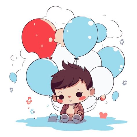Un niño lindo jugando con globos y corazones Vector Premium