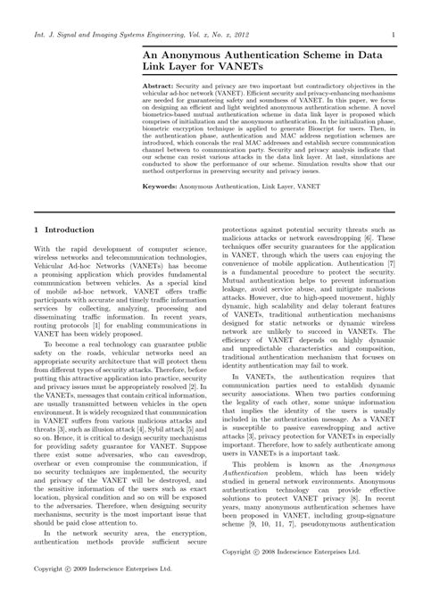 pdf an anonymous authentication scheme in data link layer for vanets