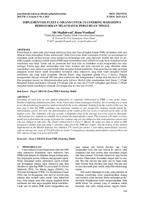 pdf implementasi fuzzy c means untuk clustering mahasiswa berdasarkan nilai masuk perguruan