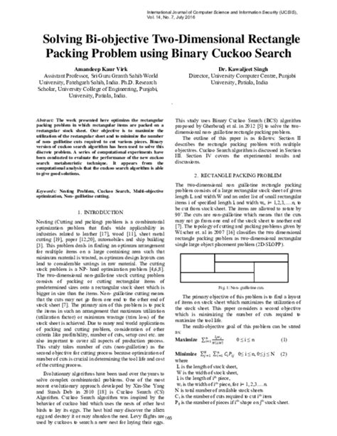 pdf solving bi objective two dimensional rectangle packing problem using binary cuckoo search