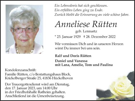 Traueranzeigen Von Anneliese R Tten Aachen Gedenkt