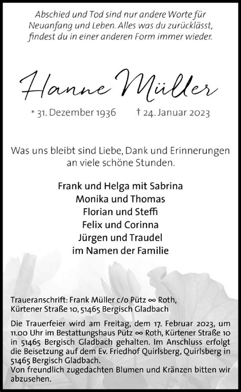Traueranzeigen von Hanne Müller WirTrauern