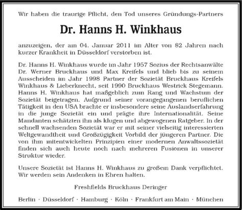 Alle Traueranzeigen für Dr Hanns H Winkhaus trauer rp online de