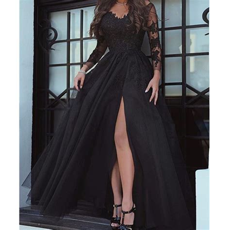 Glamorous Long Sleeve Black Slit Lace Evening Dress Sexy Black Prom Dresses Floor Length Formal
