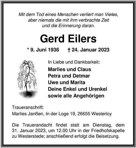 Traueranzeigen Von Gerd Eilers Nordwest Trauer De