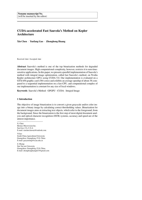 pdf cuda accelerated fast sauvola s method on kepler architecture