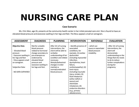 NCP Nursing Care Plan NURSING CARE PLAN Case Scenario Ms Chin Won