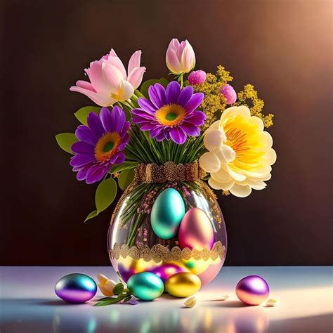 Un jarrón de flores de colores se sienta en una mesa con huevos de