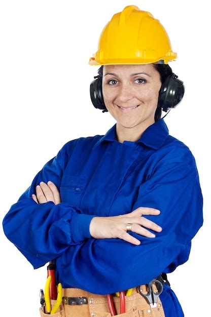 Trabajador De La Construcci N De La Se Ora A Sobre Fondo Blanco Con