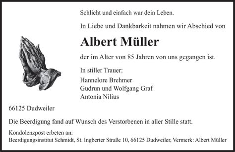 Traueranzeigen von Albert Müller Saarbruecker Zeitung Trauer de