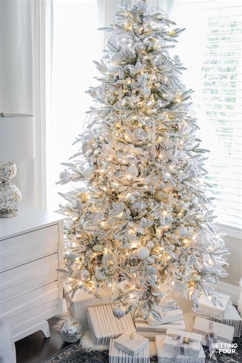 Flocked Christmas Tree White And Gold Glam Style Setting For Four