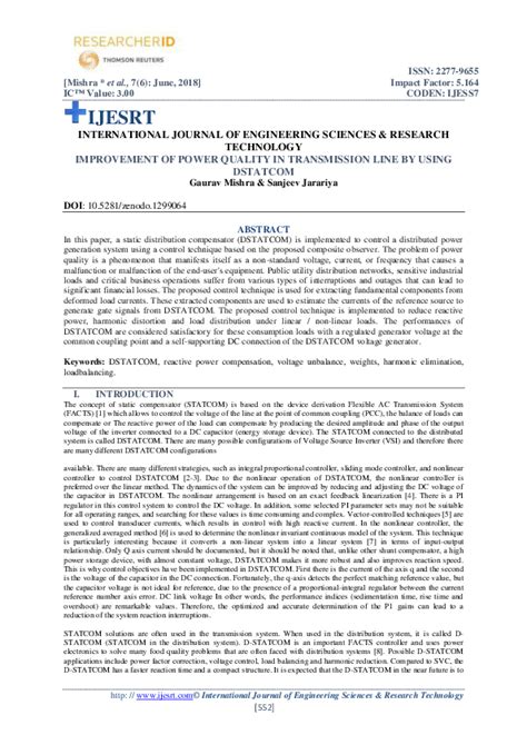 pdf improvement of power quality in transmission line by using dstatcom ijesrt journal