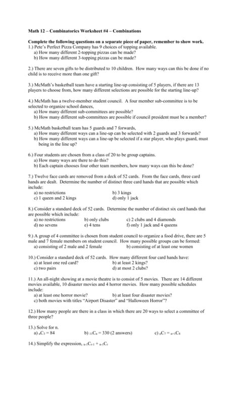 math 12 combinatorics worksheet 1 fpc and factorial notation