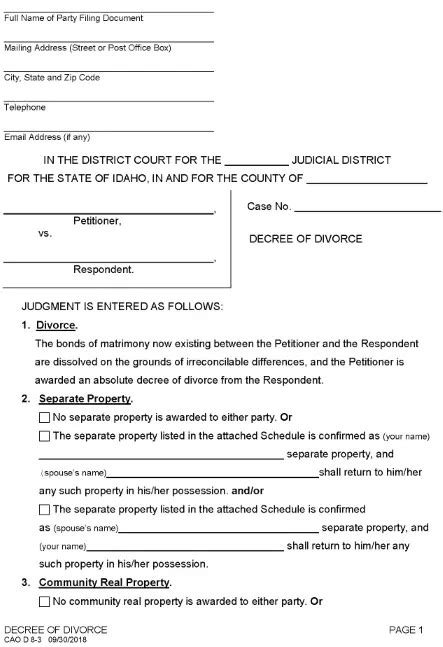 Free Printable Idaho Divorce Papers PDF Word