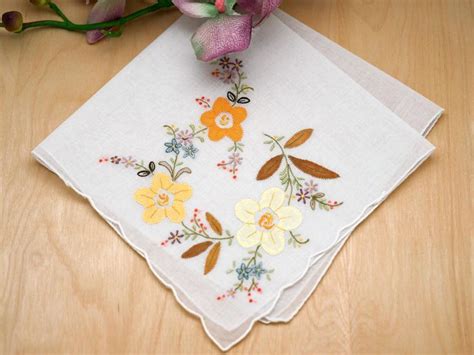 Set Of 3 Yellow Floral Applique Embroidered Handkerchiefs Vintage