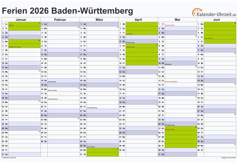 Ferien Baden Württemberg 2026 Ferienkalender zum Ausdrucken