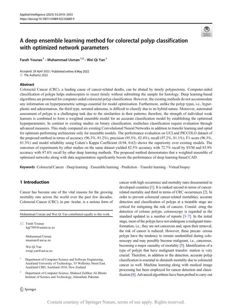 pdf a deep ensemble learning method for colorectal polyp classification with optimized network
