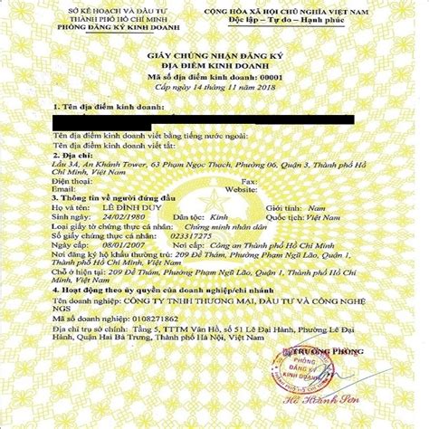 Giấy chứng nhận đăng ký địa điểm kinh doanh theo pháp luật