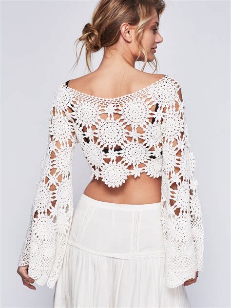 Cropped Crochet Boho Top Long Bell Sleeves Blouse Tunic Lace Etsy