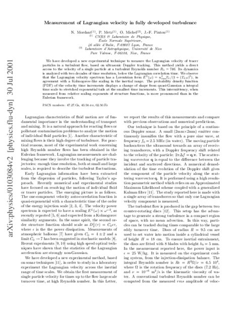 pdf measurement of lagrangian velocity in fully developed turbulence pascal metz