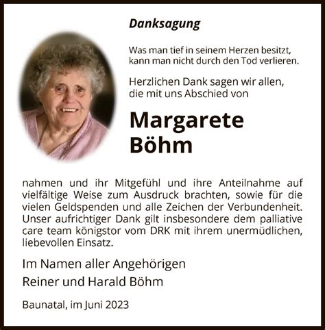 Traueranzeigen von Margarete Böhm Trauer HNA de