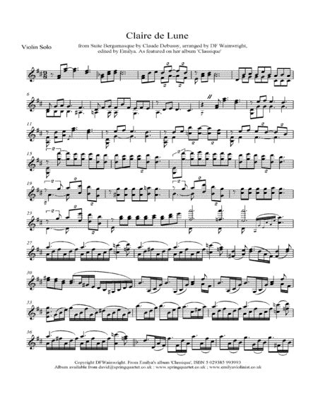 Clair De Lune By Debussy Arranged For Solo Violin Arr D F Wainwright