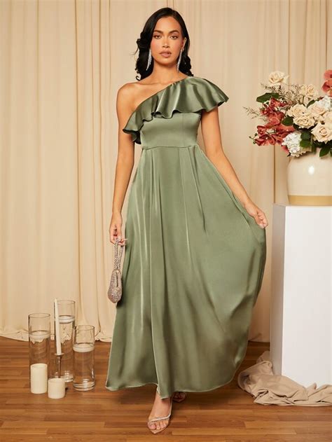 Shein Belle Vestido De Dama De Honor De Un Hombro Ribete Con Fruncido