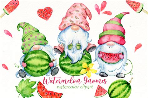 Watercolor Watermelon Gnome Bundle Clipart Summer Gnomes By