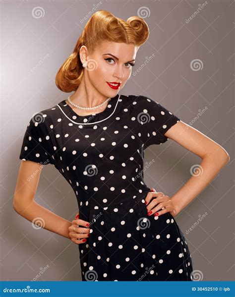 Romance Styled Woman In Blue Retro Polka Dot Dress Pin Up Style Stock