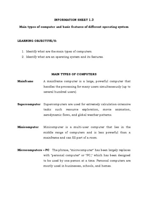 coc1 3 main types of computers and basic features of different operating systems pdf