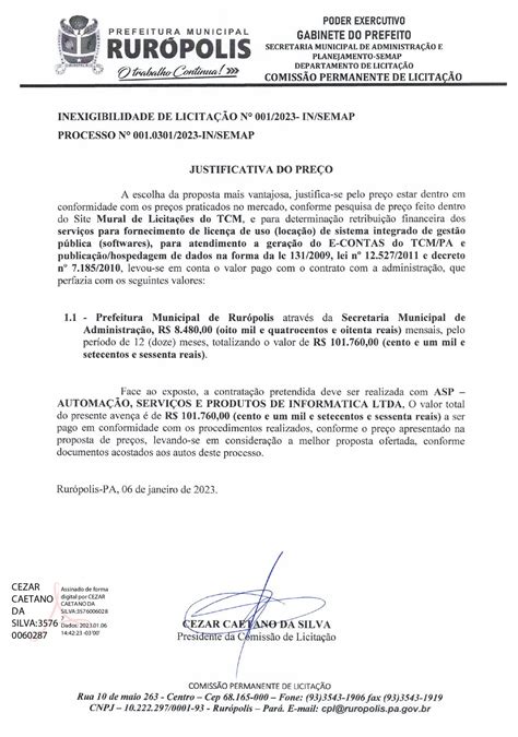 JUSTIFICATIVA DO PREÇO Prefeitura Municipal de Rurópolis Gestão