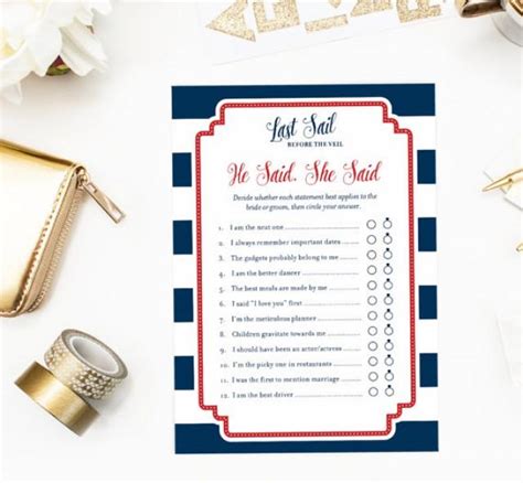 He Said She Said Game Nautical Bridal Shower Printable Game Couples