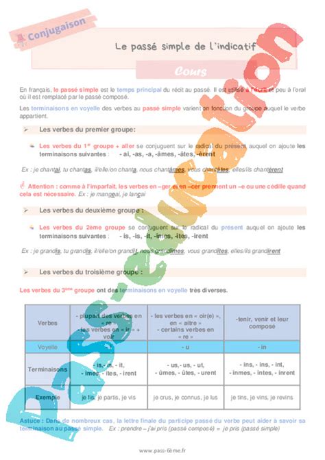 Le passé simple de lindicatif Cours de conjugaison pour la 6ème