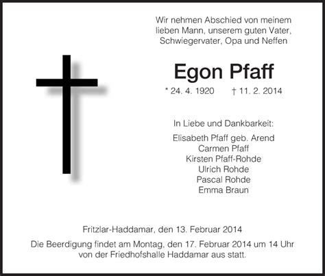 Traueranzeigen Von Egon Pfaff Trauer Hna De