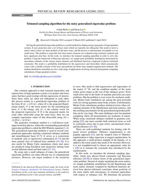 pdf trimmed sampling algorithm for the noisy generalized eigenvalue problem