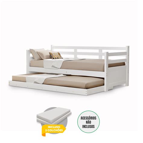 Sofá Cama Rústico Madeira Maciça Enjoy Auxiliar E 2 Colchões Branco