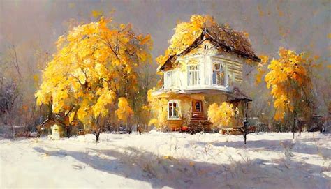 Winter Landscape A Small House Surrounded By Trees Stock Image