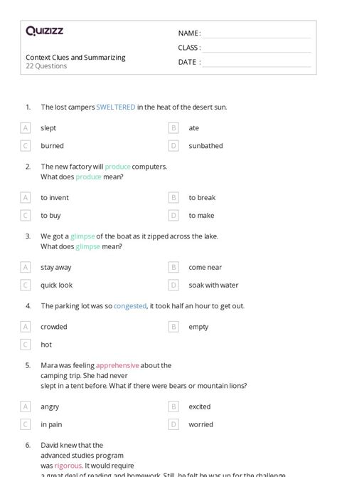 Summarizing Worksheets For Th Grade On Quizizz Free Printable