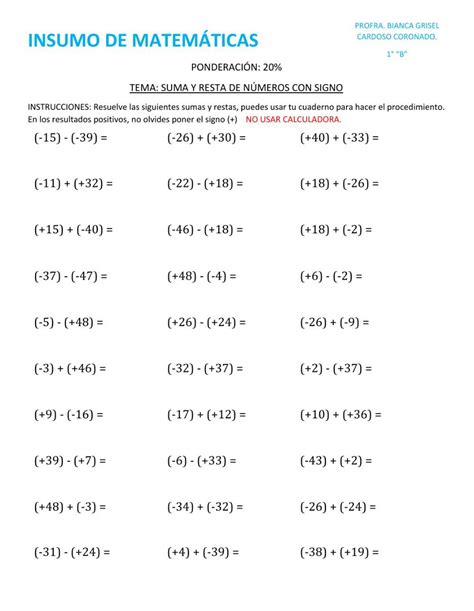 Ejercicio de Suma y resta de números con signo Numeros con signo