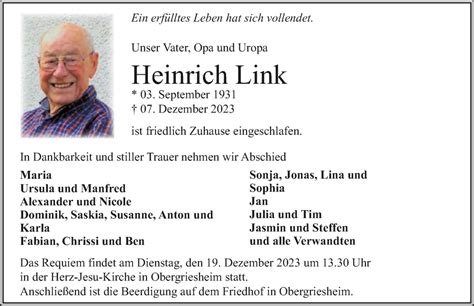 Traueranzeigen Von Heinrich Link Trauerundgedenken De
