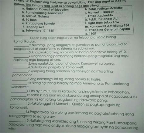 Kilalanin Ang Tinutukoy Sa Bawat Bilang Piliin Ang Sagot Sa Loob Ng
