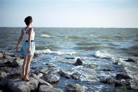 Women Outdoors Women Model Sunset Sea Bay Water Rock Shore