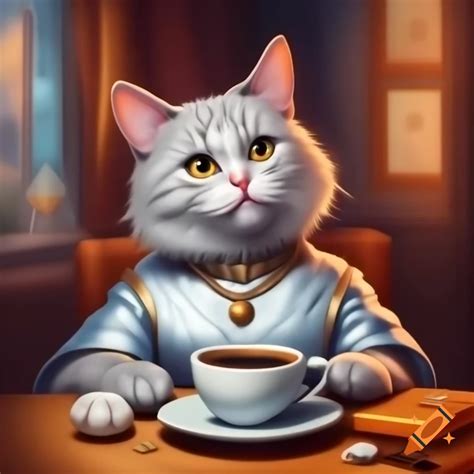 Cat In Silver Dress And Pearl Necklace Holding Coffee Cup Watercolor