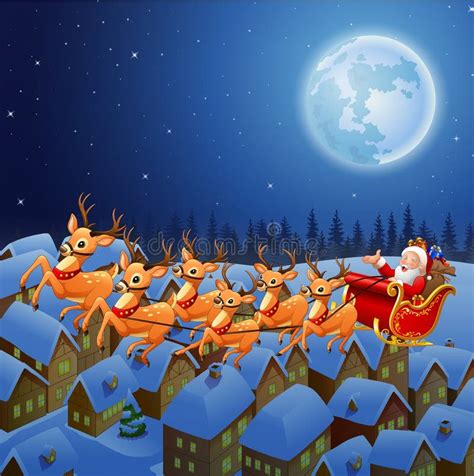 Santa Claus Riding His Reindeer Sleigh Flying In The Sky Stock Vector