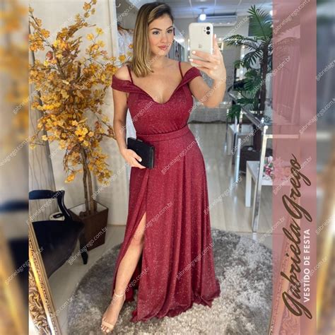 Vestido Longo Tule De Brilho Marsala Abertura Na Cintura Costa