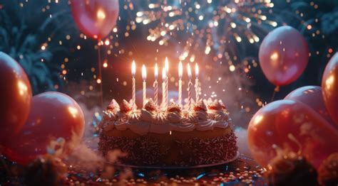 Cumplea Os Pastel Con Iluminado Velas Rodeado Por Globos Y Papel Picado