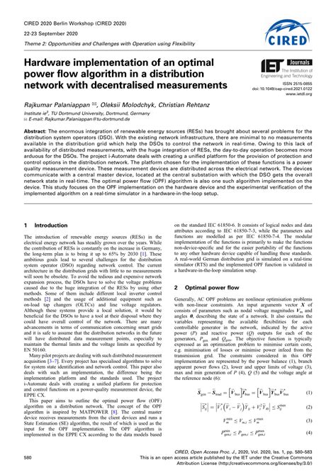 pdf hardware implementation of an optimal power flow algorithm in a distribution network with