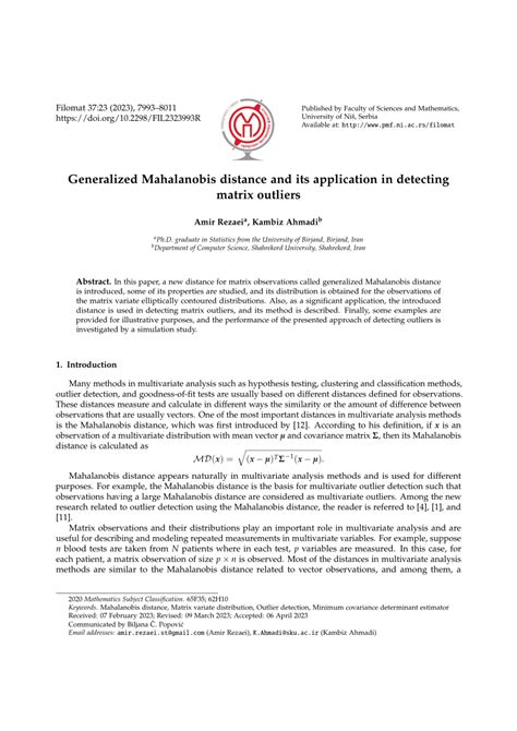 pdf generalized mahalanobis distance and its application in detecting matrix outliers
