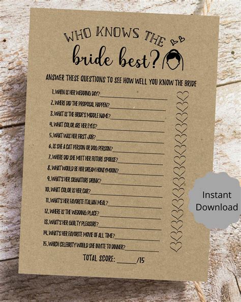 Who Knows The Bride Best Bridal Shower Game Printable PDF Bride