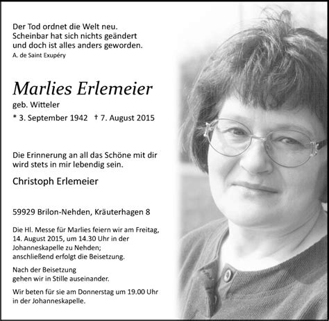 Traueranzeigen Von Marlies Erlemeier Trauer In NRW De